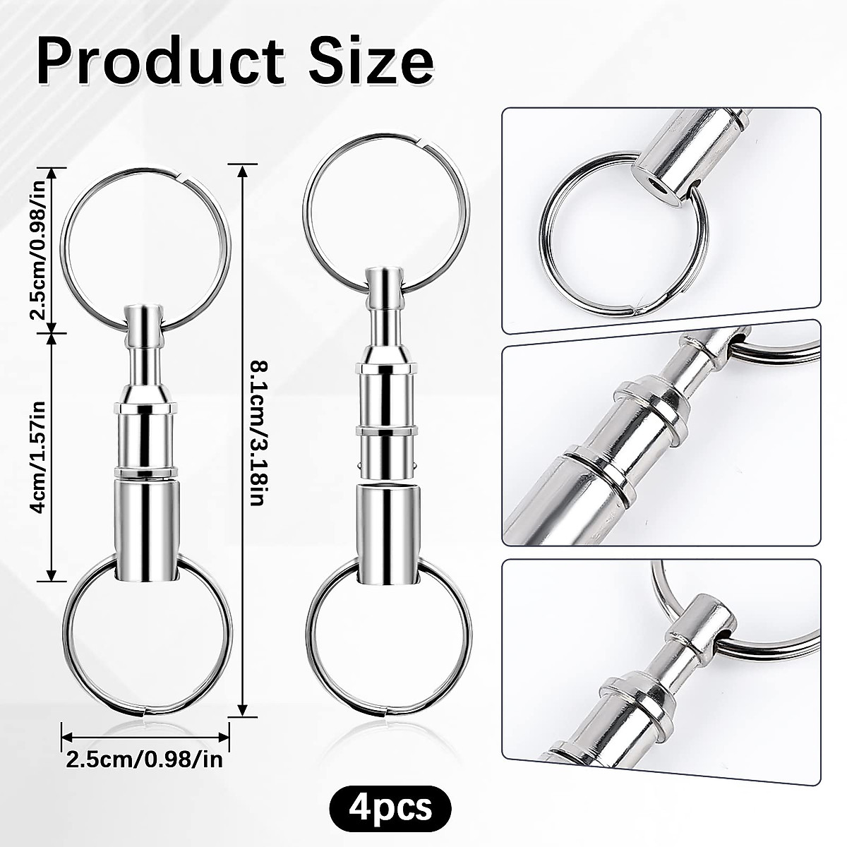 KALIONE 4 Sets Quick Release Detachable Keychain, Swivel Pull Apart Key Chain, Mini Detachable Keychain Rings with 4 Stainless Steel Key Rings for Home Office Outdoor Accessory Supplies(Silver)