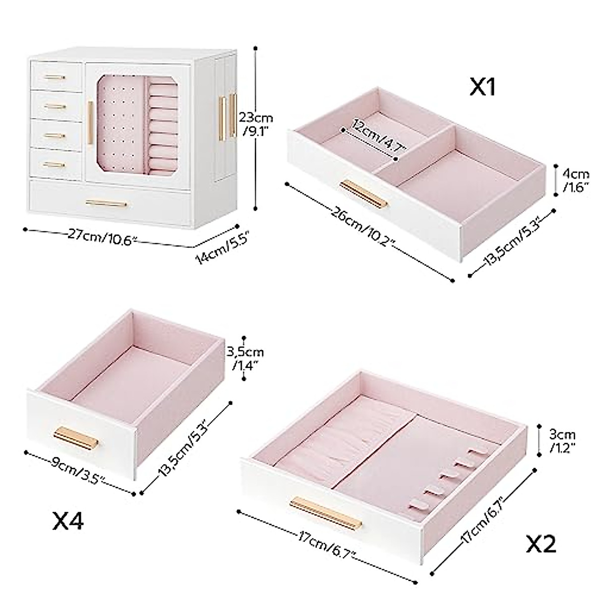 HOOBRO Jewelry Box with Glass Window, Large Capacity Jewelry Organizer, Jewelry Storage, Portable Jewelry Organizer Box, Modern Style, White and Light Gold WT05JB04