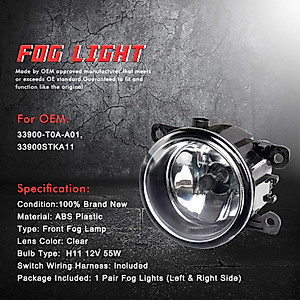 Driving Fog Lights Lamps Replacement for Acura Honda 5 500 S-Type X-Type XK LS Ford Freestyle Ranger Focus Suzuki With H11 12V 55W Halogen Bulbs ​Repalaces 33900STKA11 4F9Z15200A (Clear Lens)