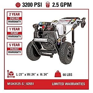 SIMPSON Cleaning MSH3125 MegaShot 3200 PSI Gas Pressure Washer, 2.5 GPM, Honda GC190 Engine, Includes Spray Gun and Extension Wand, 5 QC Nozzle Tips, 1/4-in. x 25-ft. MorFlex Hose, (49-State), Black