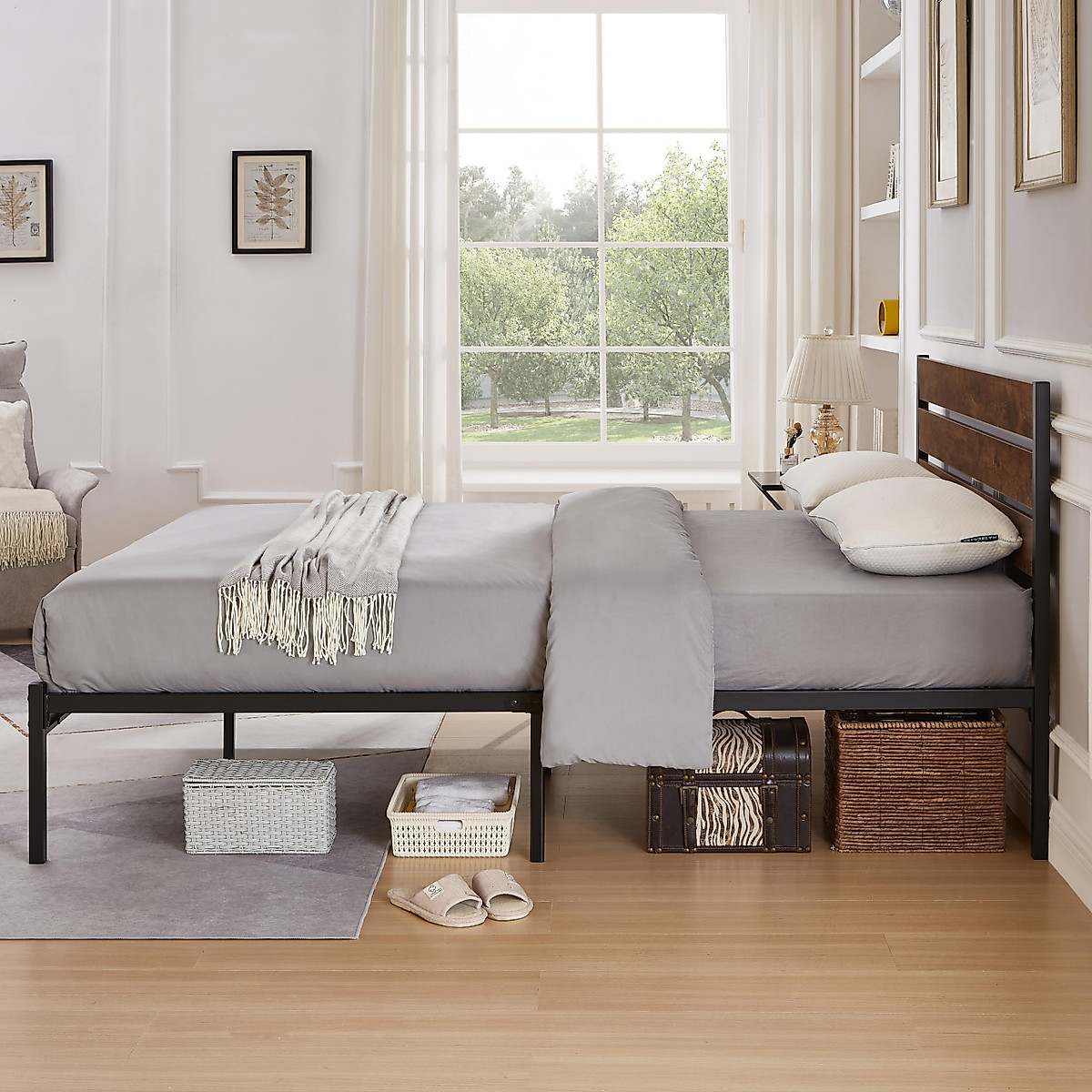 ACQCA Queen Size Bed Frame with Wooden Headboard and Footboard, Industrial Platform Bed with Heavy Duty Metal Slat Support, Under Bed Storage,Free Noise,No Box Spring Needed, Brown