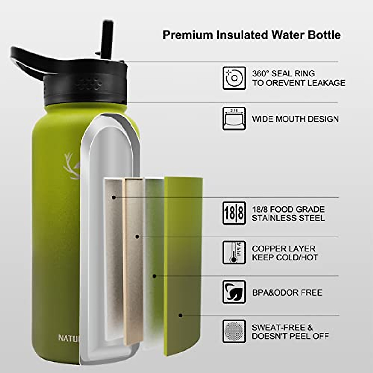 NATURE PIONEOR Insulated Water Bottles with Straw - 32oz Stainless Steel Vacuum Bottle with Holder/Carrier/Sleeve - Reusable 18/8 Food Grade Thermos Water Jug