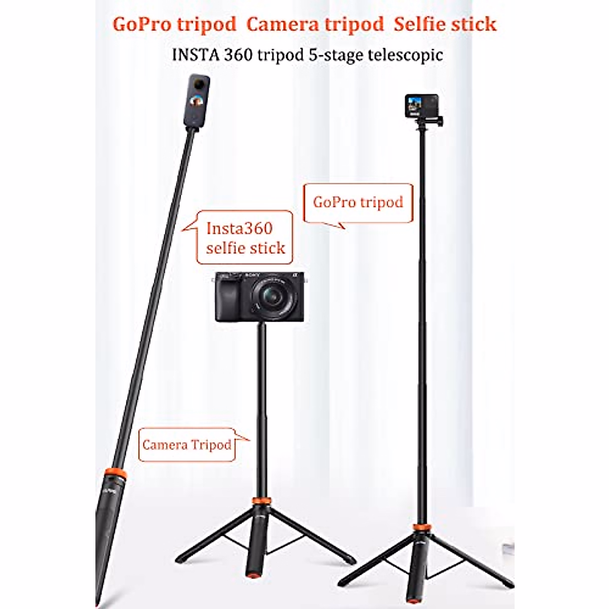 UURig Extendable Gopro Tripod for Insta360 Selfie Stick Gopro Hero 10/9/8/7/6/5 Black/Gopro Max DJI Osmo Action Insta 360 AKASO Action and More Action Camera (T3)