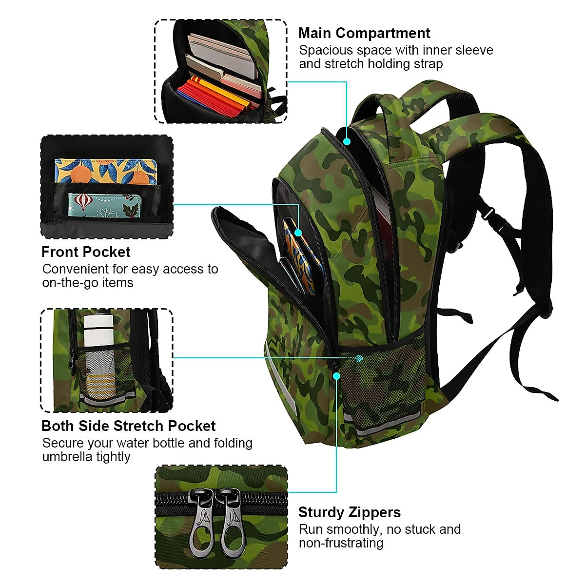 MNSRUU School Backpack with Chest Strap, Camouflage Green Laptop Backpack, Travel Hiking Backpack for Boys Girls, Rucksack, Knapsack
