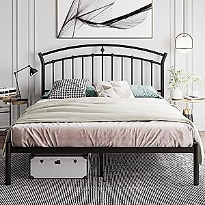 iPormis Queen Size Metal Platform Bed Frame with Vintage Headboard/Heavy Duty Steel Slats Support / 12 Inches Under-Bed Storage/No Box Spring Needed/Easy Assembly/Noise-Free, Black