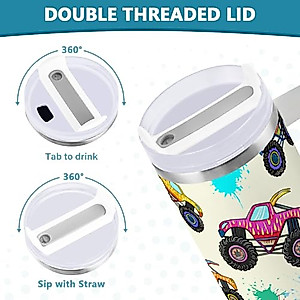 ODAWA 40oz Travel Coffee Tumbler with Straw and Handle, Colorful Monster Trucks Double Wall Insulated Tumbler