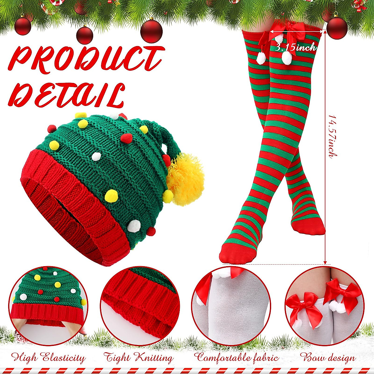 Liitrsh 12 Pcs Christmas Knitted Hat Long Striped Socks Set 6 Pcs Santa Xmas Beanie Winter Knitted Cap 6 Pair Thigh High Christmas Socks Striped Stockings for Women and Girls Gift, Multicolor