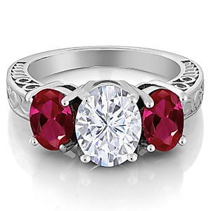 Gem Stone King 925 Sterling Silver Red Created Ruby and White Moissanite 3 Stone Women Ring (3.80 Cttw, Available In Size 5, 6, 7, 8, 9)