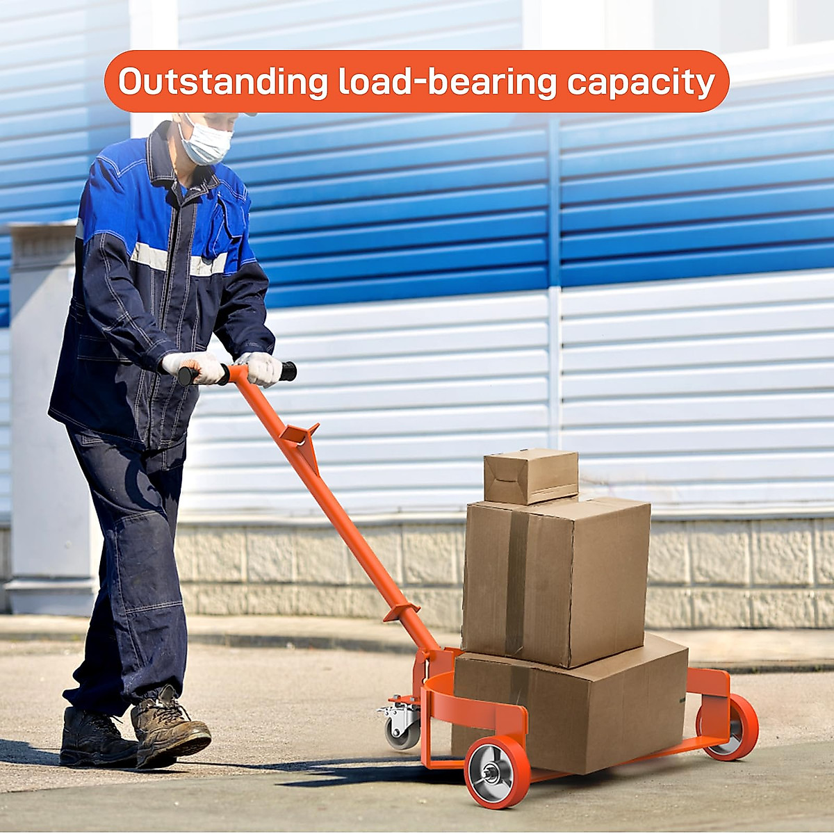 DEXSO Heavy Duty Drum Dolly,55 Gallon Barrel Dolly with 3 Poly-on-Steel Wheels with Brake, 1000 LBS Capacity Trash Can Dolly with Handle, Orange Steel Frame Dolly