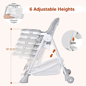 HONEY JOY Baby High Chair, Foldable Highchair for Babies and Toddlers, Detachable Trays & PU Leather Seat Cushion, 4 Wheels with Locks (Gray)