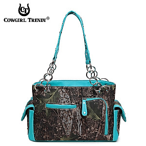 Camouflage Cross Western Style Studded Handbag Concealed Carry Purse Country Women Shoulder Bag Wallet (Turquoise Set)