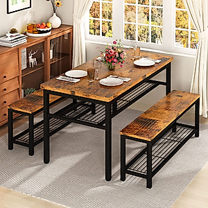 AWQM 43.3" Dining Table Set for 4, Kitchen Dining Table with 2 Benches, Dining Room Table Set with Metal Frame & Storage Rack for Kitchen, Restaurant, Rustic Brown