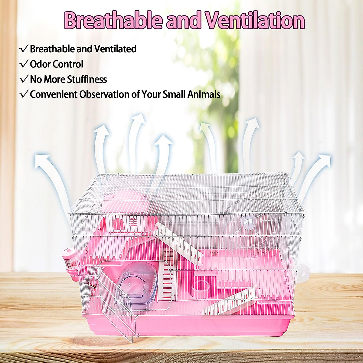 kathson Hamster Cages and Habitats Large Gerbil Cage with Accessories Hut Exercise Wheel Water Bottle Bowl Bathtub Small Animal Basic Cage for Syrian Hamster，3- Levels，22" L x 12.5" W x 14" H，Pink