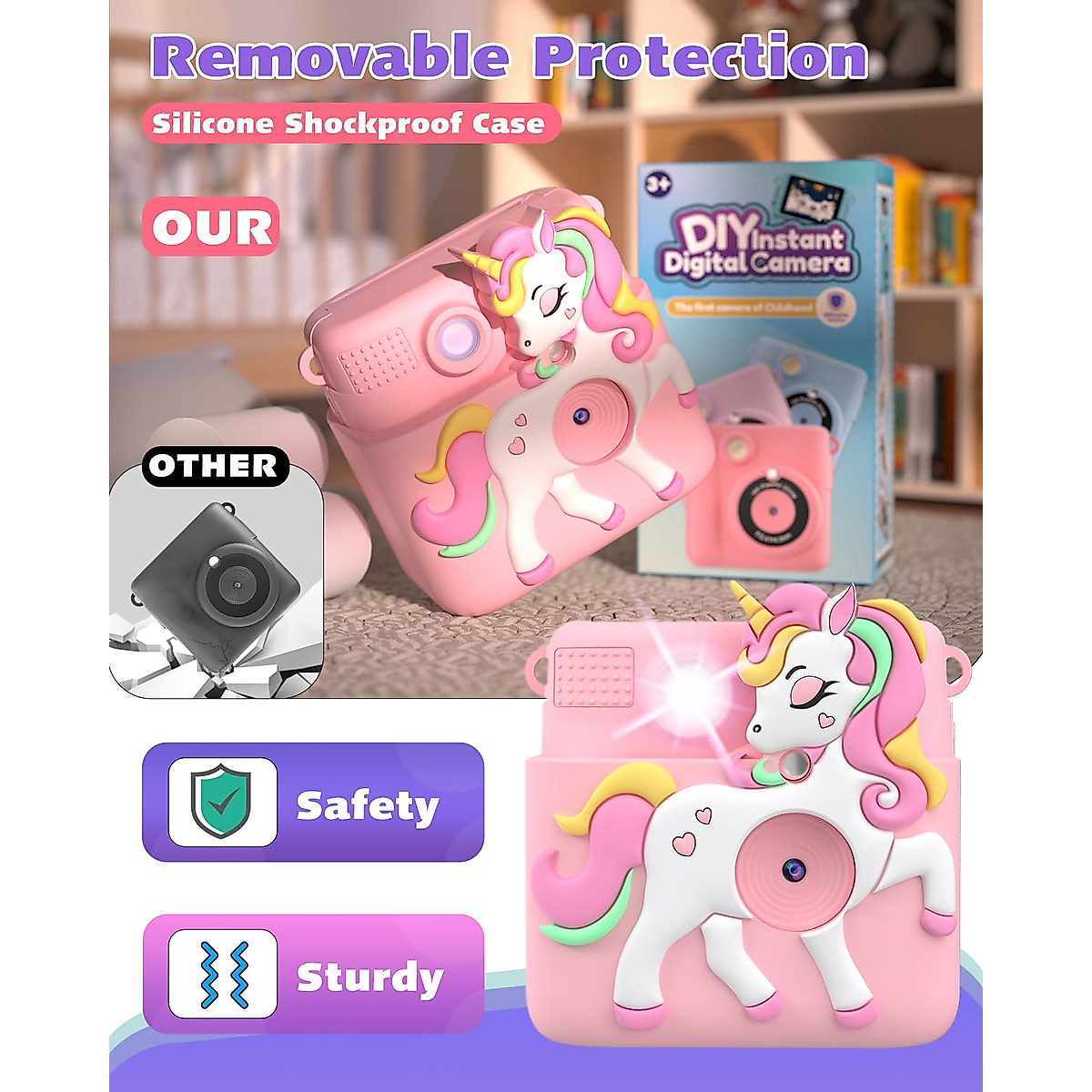 Sueseip Kids Instant Print Camera, 2.4 Inch Screen 1080P Kids Camera for Girls with Flash, Christmas Birthday Gifts for Girls 3 4 5 6 7 8 9 10 Year Old with 3 Rolls of Photo Paper and a 32G Card