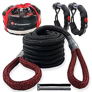 X MONSTER Kinetic Recovery Tow Rope Snatch Rope Strap3/4 x 20' (MBS 22,000 lbs) and 2 Soft Shackles (35,000bs), Free Durable Handbag Offroad Recovery Kits
