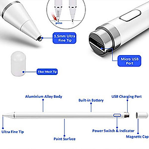 Active Stylus Pen Compatible with Apple,Stylus Pens for Touch Screens,1.5mm Fine Point Digital Pen,Rechargeable Stylus for iPad/iPad Pro/Air/Mini/iPhone/Samsung/Tablet Drawing&Writing (White)