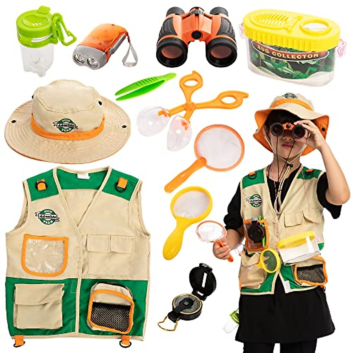 JOYIN Outdoor Explorer Kit, Bug Catcher for Kids (Vest, Hat, Flashlight Compass, Binoculars, Magnifying Glass and Butterfly Net), Kids Camping Gear, Educational Toys, Halloween Birthday Gift for Kids