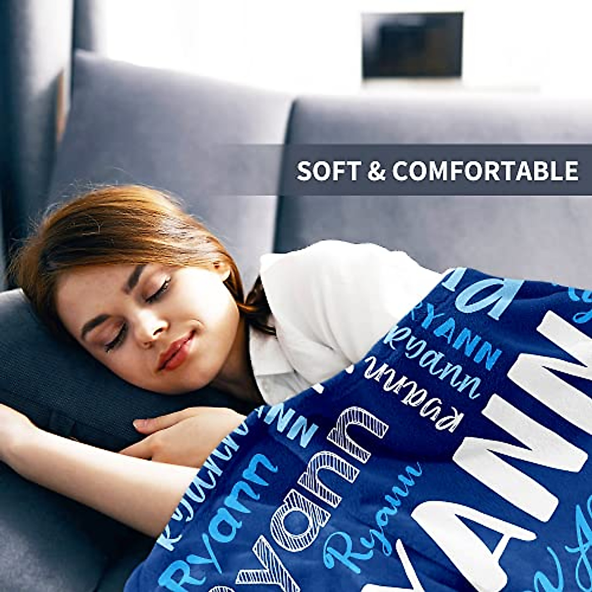 Personalized Blanket with Name - Custom Blankets for Girls Boys Adults Baby - Monogrammed Soft Flannel Blankets and Throws - Gift Blanket for Christmas Birthday Valentines Day (Blue-1)