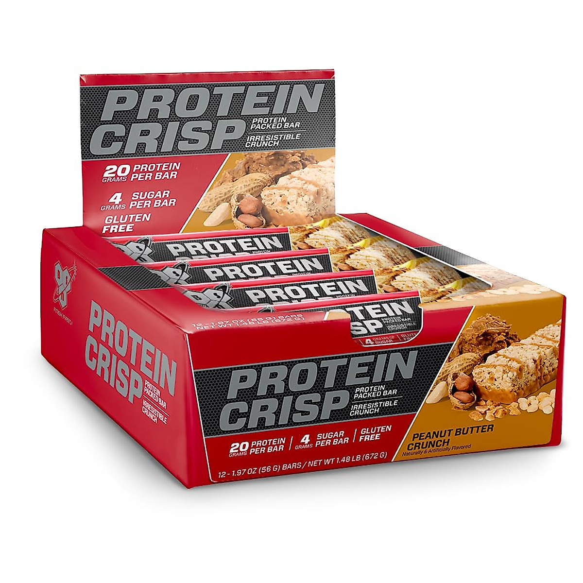BSN Protein Bars, Peanut Butter Crunch Protein Crisp Bar, High Protein, Gluten Free, 12 Count