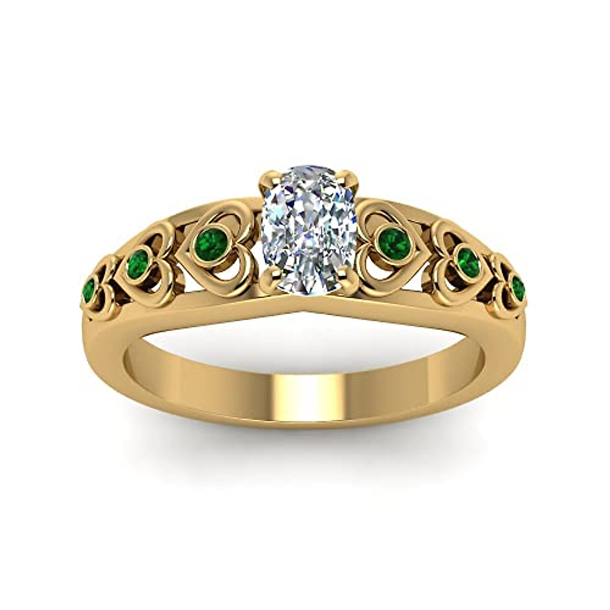 55Carat Heart Design Diamond Accent Ring yellow gold plated Created Emerald Cushion shape Green color Side Stone Engagement Rings bezel Setting in Size 8 Handcraft Chakra Healing