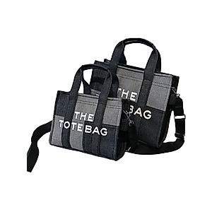 Tote Bag for Women Splicing Denim Handbag Large Capacity Trendy Canvas Crossbody Bags with Zipper Office Travel Black-Small