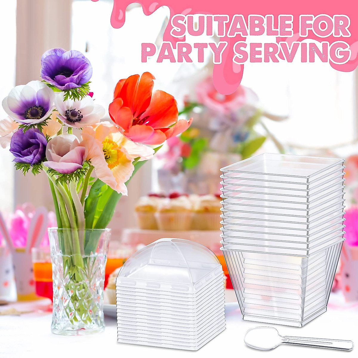 Mimorou 150 Pack 3 oz Plastic Dessert Cups with Lids and Spoons Square Parfait Cups Clear Appetizer Cups Disposable Ice Cream Containers for Cupcake, Pudding, Snacks, Yogurt