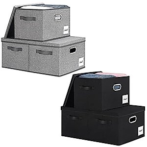 LHZK Large Storage Bins with Lids 6 Pack, Linen Fabric Storage Boxes with Lids, Foldable Storage Baskets with 3 Handles and Label Window for Shelves Bedroom Closet Office (15x11x9.6, Grey, Black)