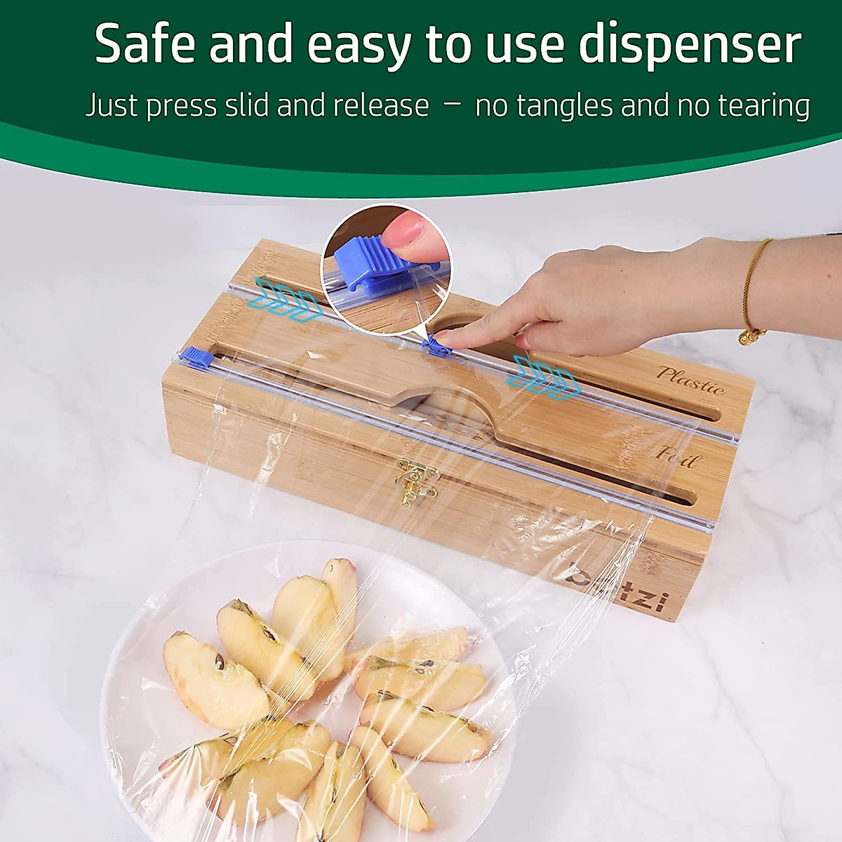 2 in 1 Food Wrap Organizer with Cutter, Bamboo Wrap Dispenser for Aluminum Foil, Wax Paper, Plastic Wrap, Wall Mounted or Kitchen Drawer Organization and Storage Holder,Max for 12" Roll