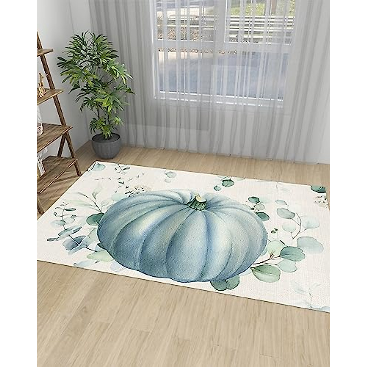 Rustic Blue Pumpkin Large Rectangular Area Rugs 5' x 8' Living Room, Durable Non Slip Rug Carpet Floor Mat for Bedroom Bedside Outdoor Thanksgiving Fall Green Eucalyptus Leaves