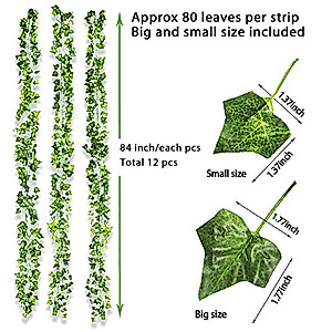 KASZOO 84Ft 12 Pack Artificial Ivy Garland Fake Plants, Vine Hanging Garland with 80 LED String Light, Hanging for Home Kitchen Garden Office Wedding Wall Decor, Green
