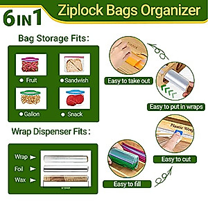 INKS Bamboo Ziplock Bag Organizer for Drawer, 6 in 1 Aluminum Foil and Plastic Wrap Dispenser With Cutter, Ziplock Baggie Kitchen Organization Storage Suitable for Food Gallon-Quart-Sandwich-Snack-Bag