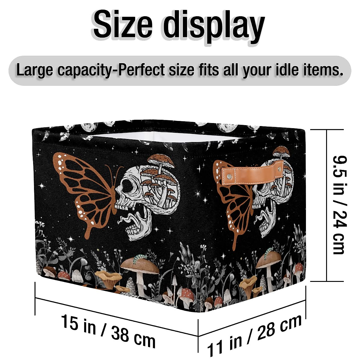 OMFUNS Skull Butterfly Storage Basket, Mushroom Star Foldable Storage Bin with Handle Fabric Rectangular Storage Box Organizer for Closet Shelf Home Office Nursery Toy Basket, 1 Pack