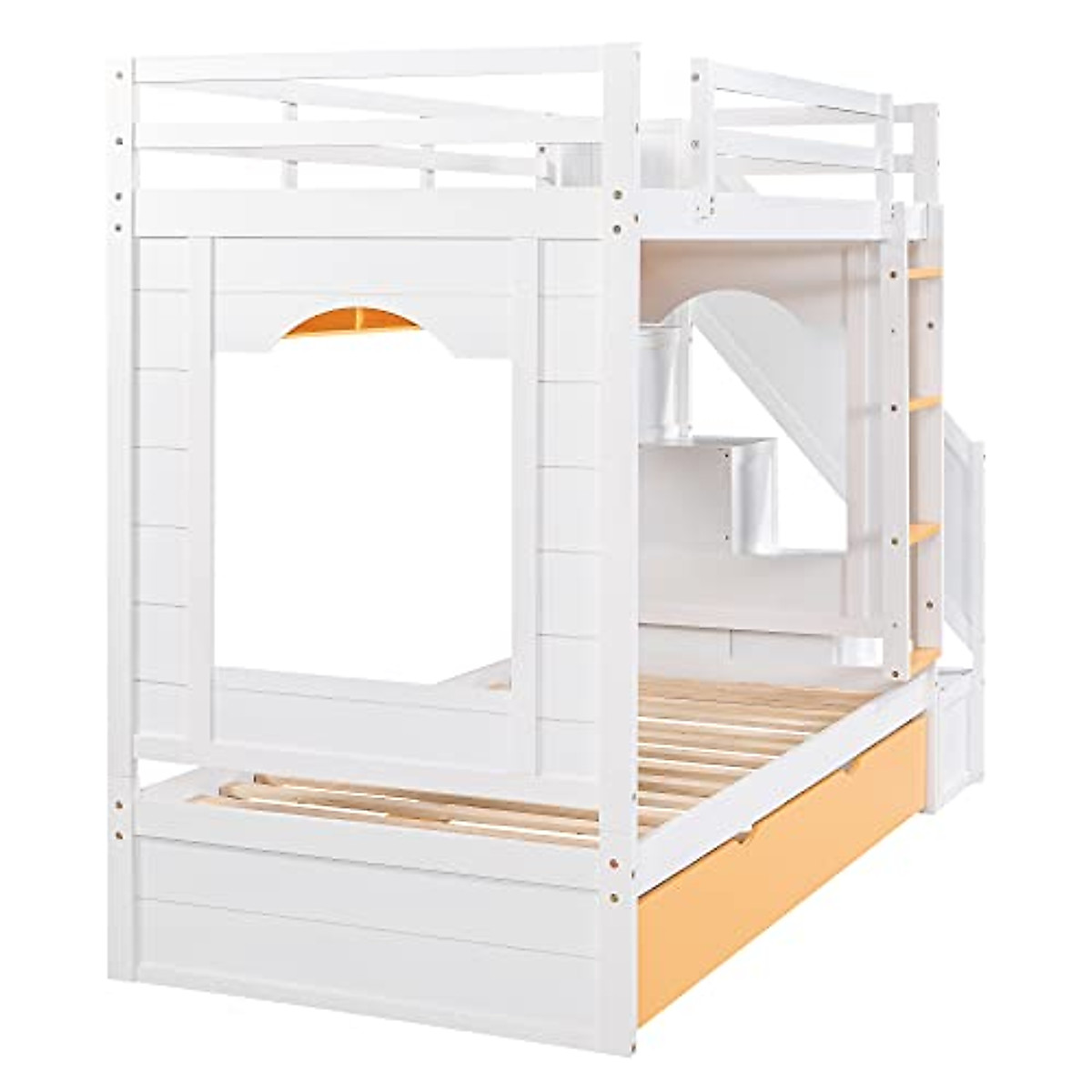 HomSof Twin Over Twin Bunk Bed with Trundle,Stairs,Ladders Solid Wood Bunk Bed with Storage Cabinet （White + Yellow）