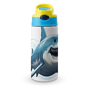 Stainless Steel Water Bottles Blue Shark Travel Water Cups with Handle And Silicone Straw Drinking Cup with Leak Proof Lid Thermo Travel Mug for Women Men
