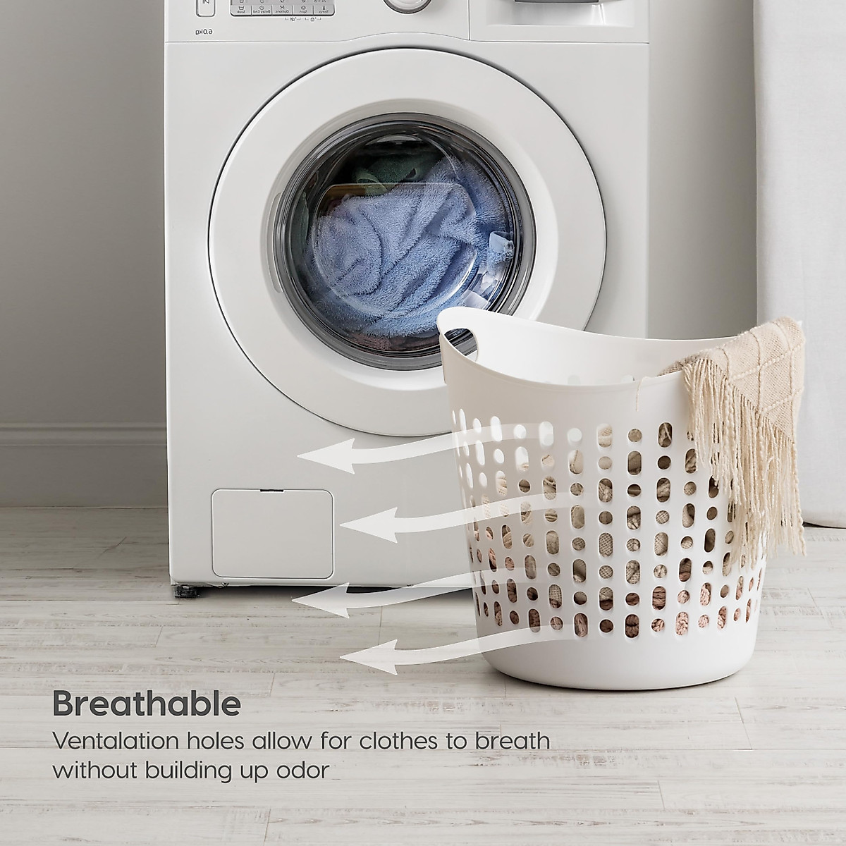 IRIS USA Laundry Basket 40L Durable and Flexible, Portable Round Bin, 1.15 Bushel Hamper for Storage with Ventilation Holes for Closet Dorm Laundry Room Bedroom, White