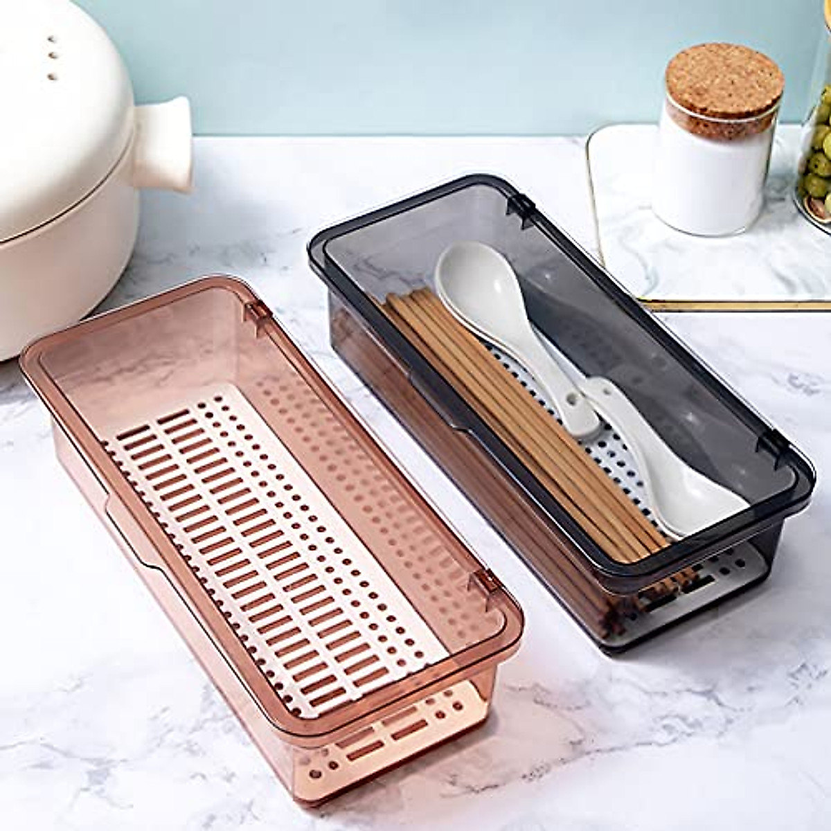 Cabilock Flatware Tray Plastic Utensil Drying Rack with Lid Chopsticks Spoon Fork Knife Drainer Basket Flatware Storage Drainer for Kitchen Countertop 2pcs