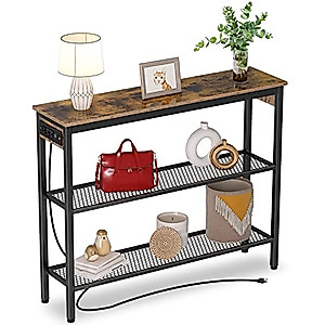 Mr IRONSTONE Console Table with Power Outlet, 39" Narrow Sofa Table, 3-Tier Couch Table Behind Sofa with Metal Frame Hallway Table for Entryway, Living Room, Rustic Brown