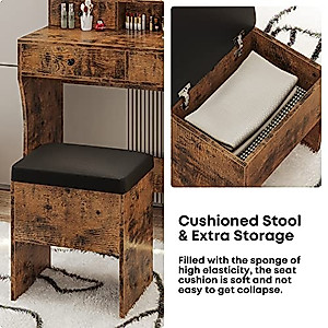 LIKIMIO Vanity Desk with LED Lighted Mirror & Power Outlet & 4 Drawers, Dressing Makeup Table Set with Storage Stool and Hair Dryer Stand, Vintage Brown