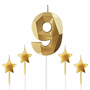 Golden Number 9 Birthday Candles and Star Birthday Candles 2.76 inch Birthday Cake Candles 3D Diamond Shaped Candles are Suitable for Birthday Parties and Anniversary Cake Decorations Candles(Gold 9)