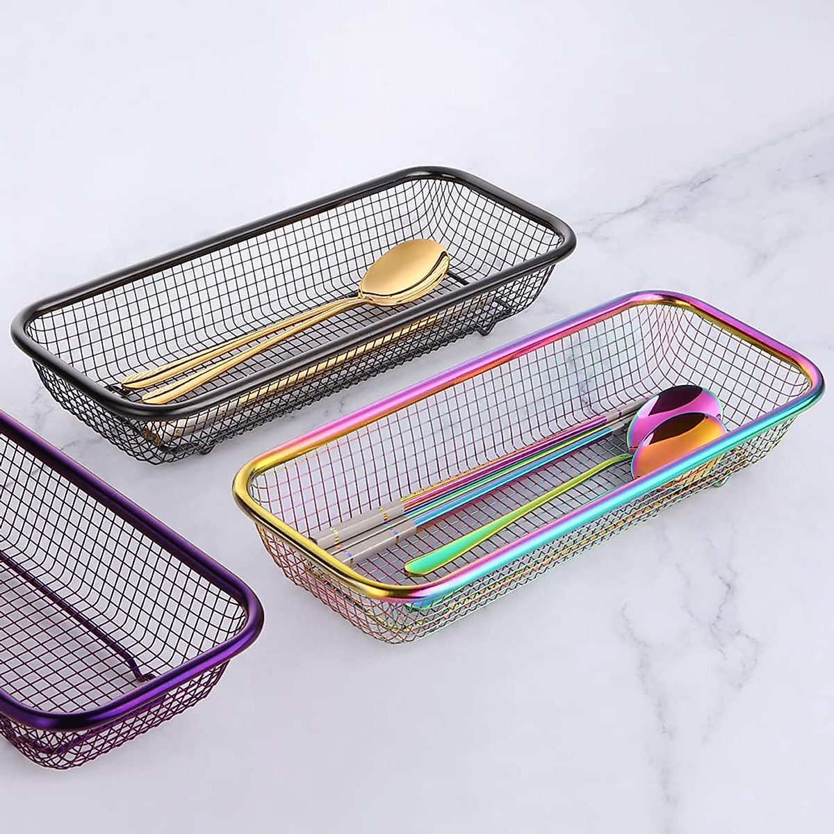 BYEGOU Kitchen Drawer Organizer, Stainless Steel Storage Container Rose Gold Metal Cabinet Storage Basket for Holding Silverware Kitchen Utensil, Pack of 2