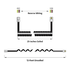 Coiled Telephone Handset Cord for Use with PBX Phone Systems, VoIP Telephones - 12 Ft Uncoiled, Rj22, 1.5 Inch Lead on Both Ends, Glossy Black, 10-Pack