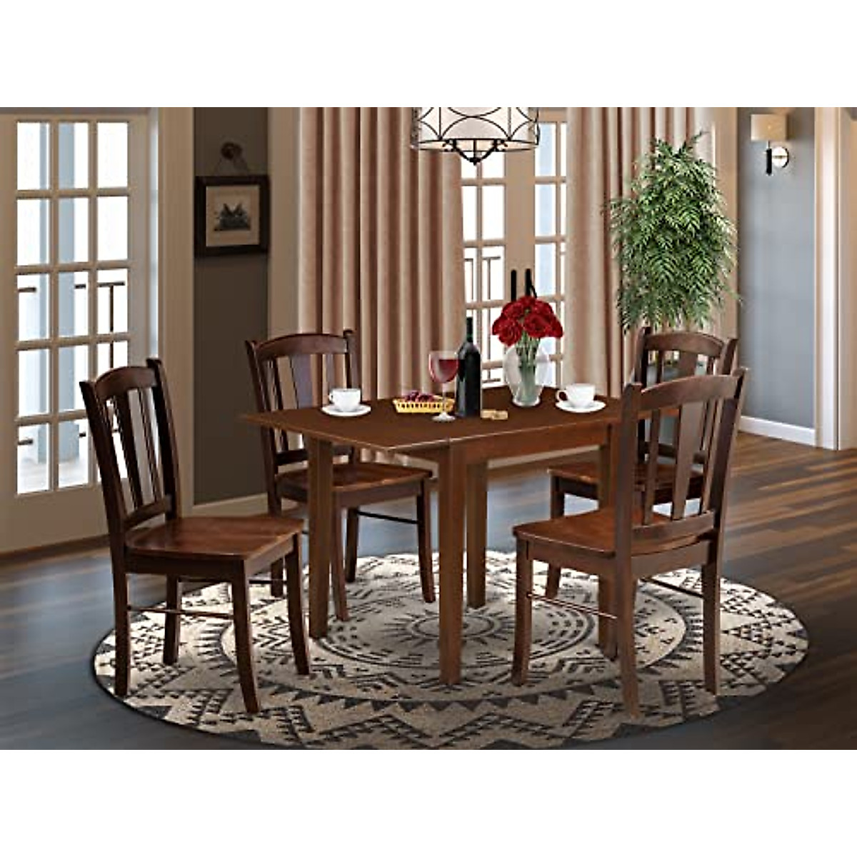 East West Furniture Norden 5 Piece Kitchen Table & Chairs Set Includes a Rectangle Dining Room Table with Dropleaf and 4 Solid Wood Seat Chairs, 30x48 Inch, Mahogany