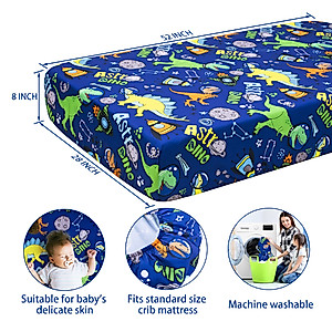 UOMNY Crib Bedding Sets for Boys 3 Piece Dinosaur Space Baby Nursery Bedding Sets Toddler Pillowcase Crib Comforter and Fitted Crib Sheet Kids Bedding Set Blue