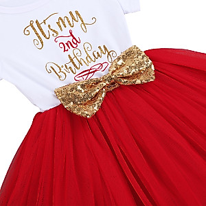 Kids Girl Princess It's My 1st/2nd Birthday Party Cake Smash Boutique Outfit Sequin Bow Tie Tulle Tutu Dress Clothes Gold Headband+Red(2 Years)