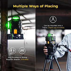 KAIWEETS Laser Level Green, 3X360° Laser Level, 3D Lines Laser 98ft/30M (Up to 196ft/60M with Detector) with Self-Levelling Mode, Manual Mode, Independents Windows, Magnetic Base