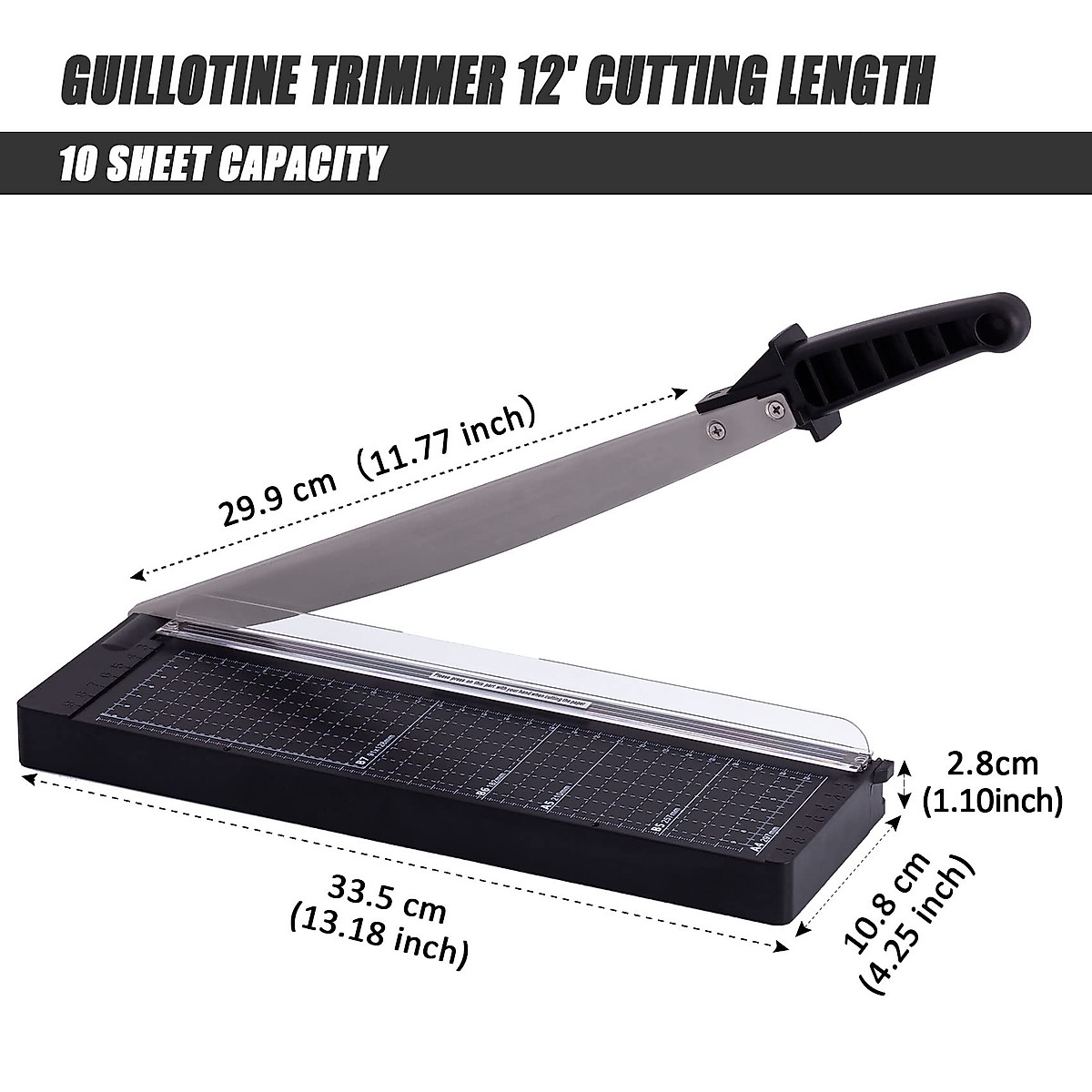 TIANSE Paper Trimmer-12” 8 to 12 Sheet Capacity, Paper Cutter Guillotine- with Safety Blade Lock Heavy Duty Metal Base Paper Cutting Board for Home, Office,School-Black