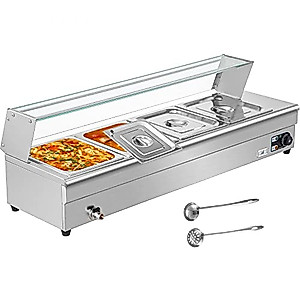 Commercial Food Warmer Bain Marie, 44 Qt Electric Countertop Buffet Warmer with Tempered Glass Shield and Lids, 4 x 1/2 Pans Stainless Steel Steam Table, 1500W