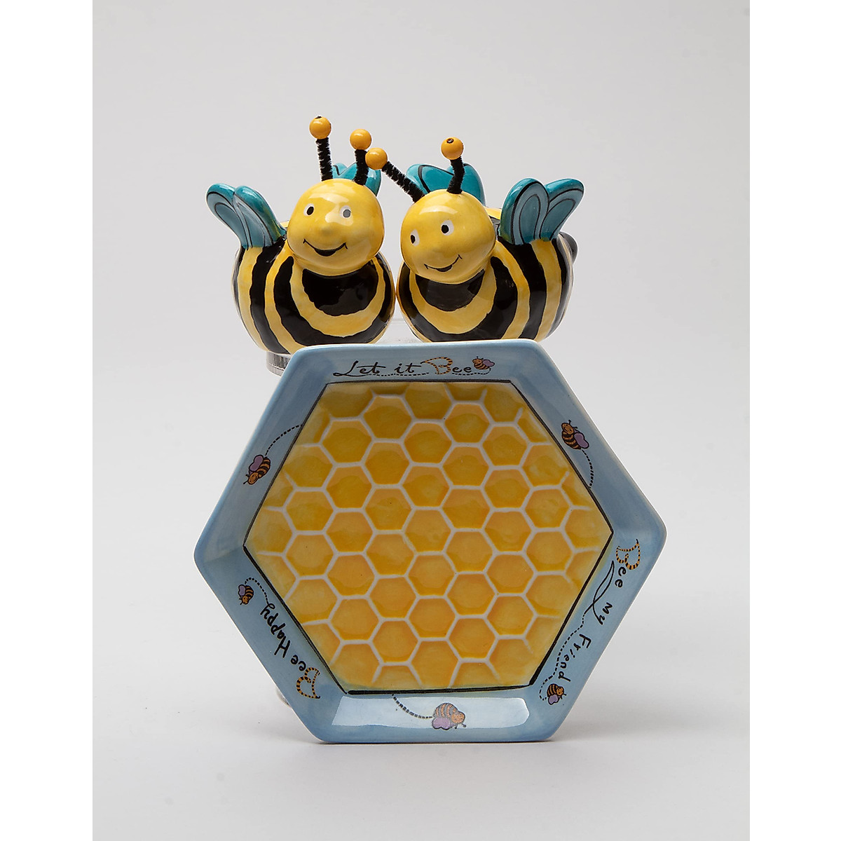 Appletree 2-Inch Ceramic Bee Salt and Pepper with Honeycombed Tray, Yellow