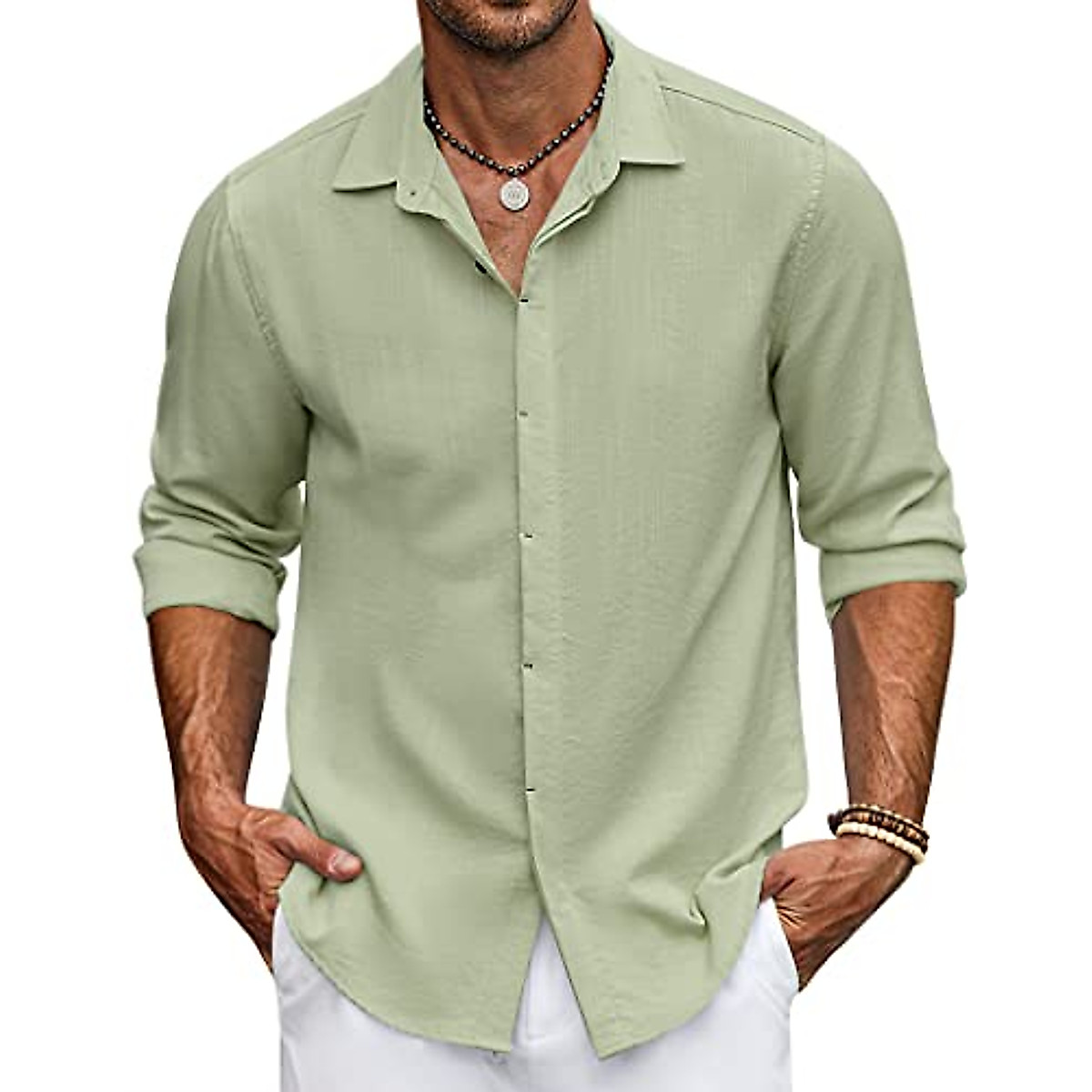 COOFANDY Men's Wrinkle Free Shirts Solid Wedding Shirts Long Sleeve Shirt Button Up Casual Relaxed-Fit Shirts Light Green