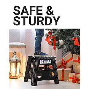 Delxo Folding Step Stool, 13 inch Non-Slip Foldable Stools for Kids & Adults Up to 300 LBS, Step Stool with Handle, Lightweight for Kitchen, Bathroom, Bedroom, Garden, Black, 1PC